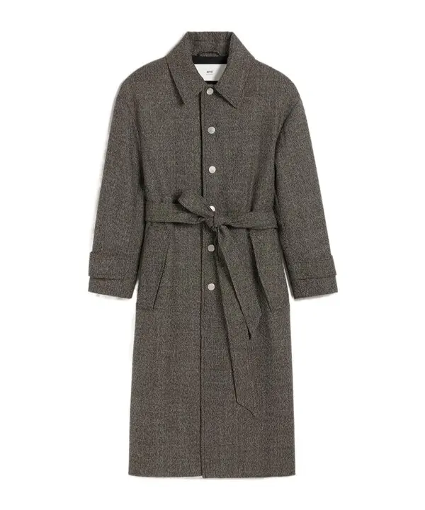 Ami Long-sleeved Belted Coat - Dark Coffee/gray