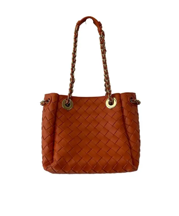 Bottega Veneta Woven Shoulder Bag With Sliding Chain Strap - Brown