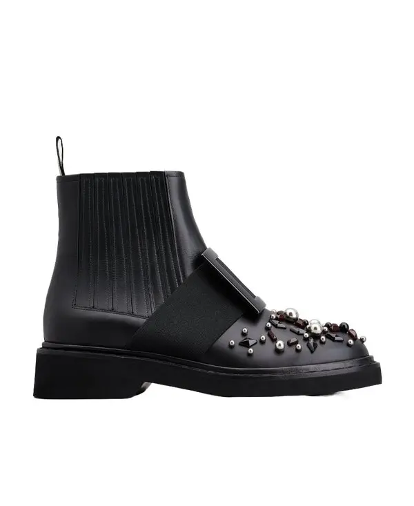 ROGER VIVIER Leather Chelsea Ankle Boots With Embellished Buckle - Black