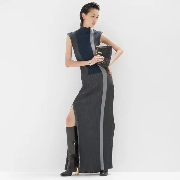 Fendi Ribbed-knit Sleeveless Maxi Dress With Color Block Detail