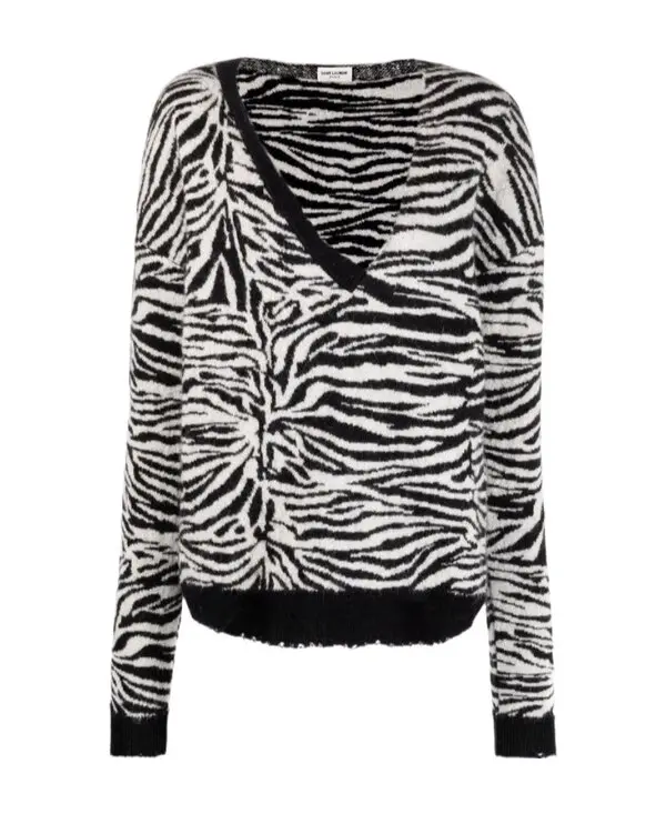 Saint Laurent Zebra Print V-neck Sweater - Black
