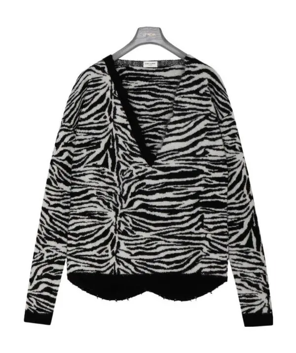 Saint Laurent Zebra Print V-neck Sweater - Black