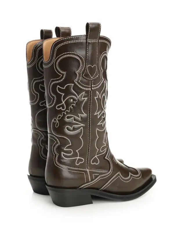 GANNI Mid Shaft Embroidered Western Boots - Chocolate-colored