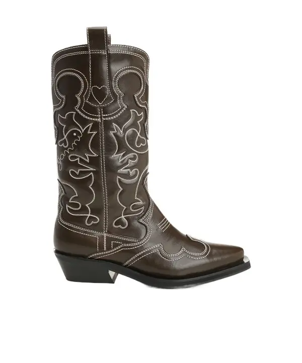 GANNI Mid Shaft Embroidered Western Boots - Chocolate