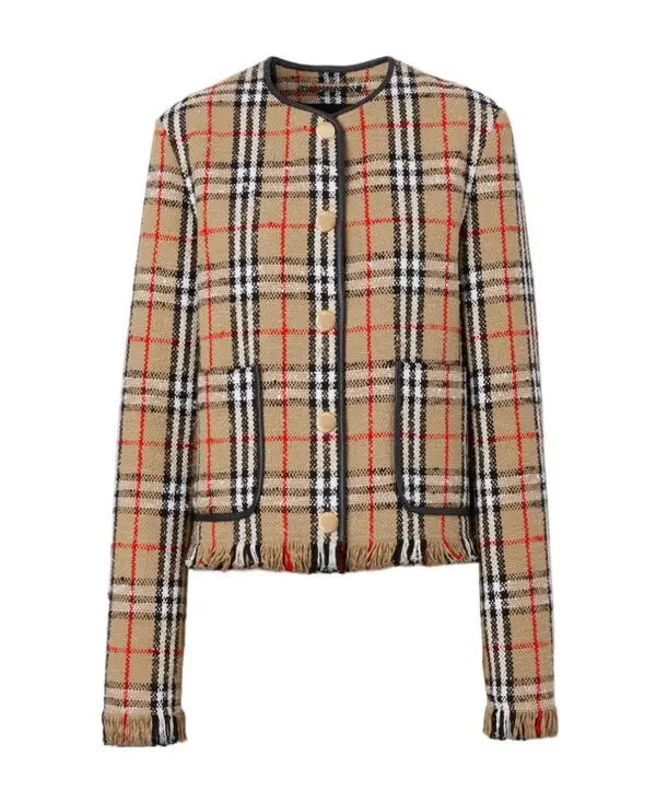 Burberry Checked Fringed Jacket - Nude
