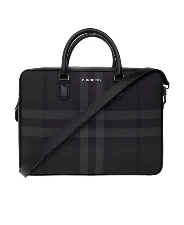 Burberry Logo Plaque Check Pattern Briefcase - Charcoal
