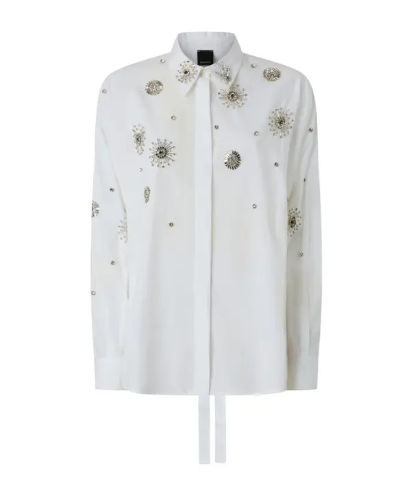 Pinko Embellished Button-up Shirt With Buckle Cuffs And Waist Belt - White