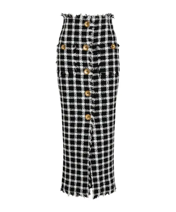 Balmain Gingham Tweed Long Skirt - Black
