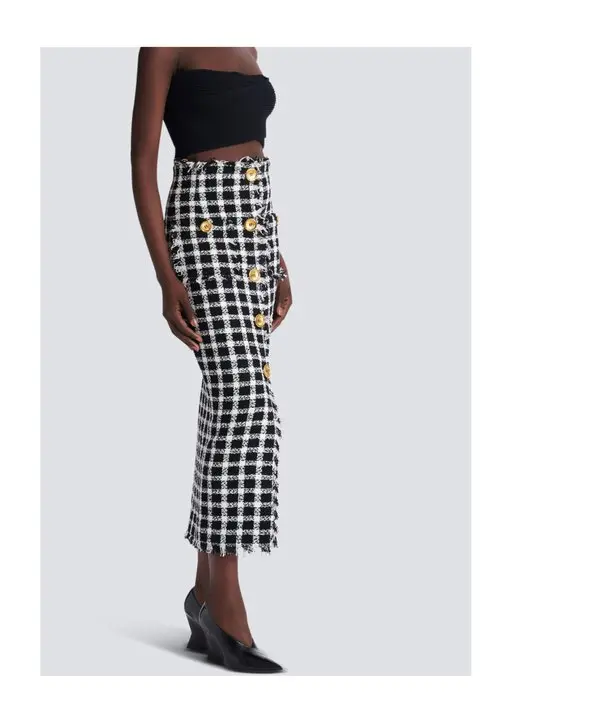 Balmain Gingham Tweed Long Skirt - Black