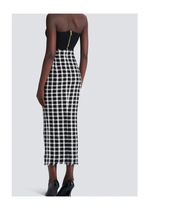 Balmain Gingham Tweed Long Skirt - Black