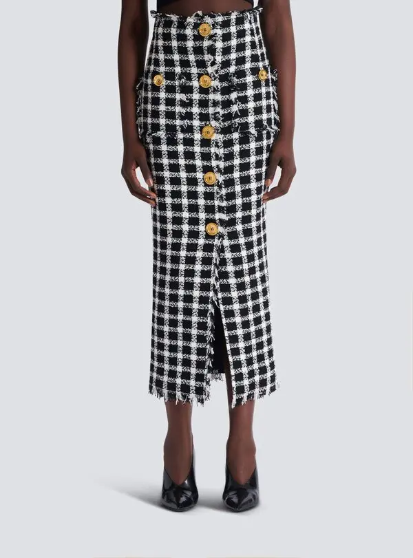 Balmain Gingham Tweed Long Skirt - Black