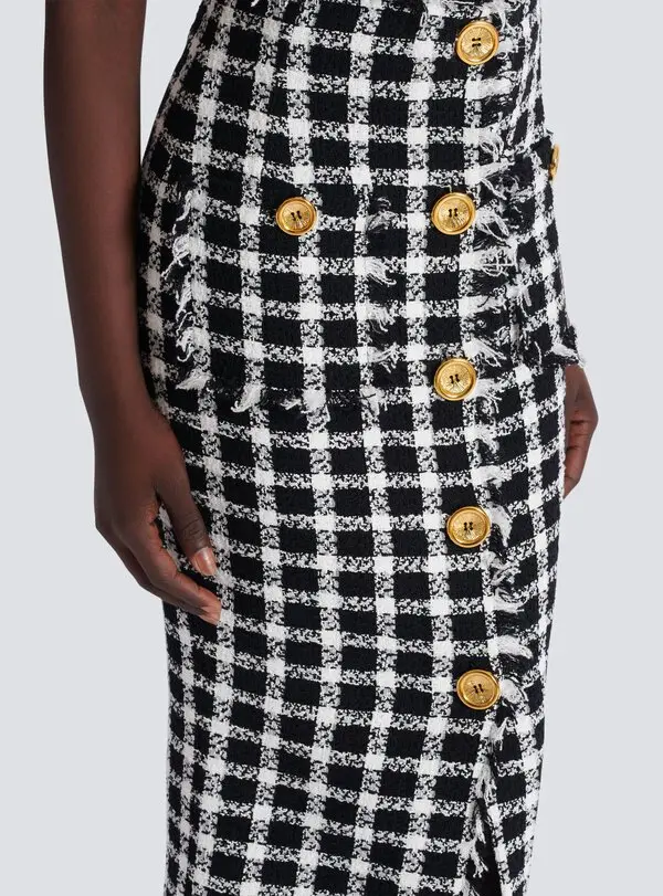 Balmain Gingham Tweed Long Skirt - Black