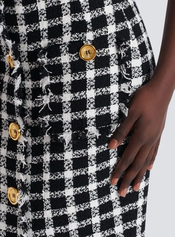 Balmain Gingham Tweed Long Skirt - Black