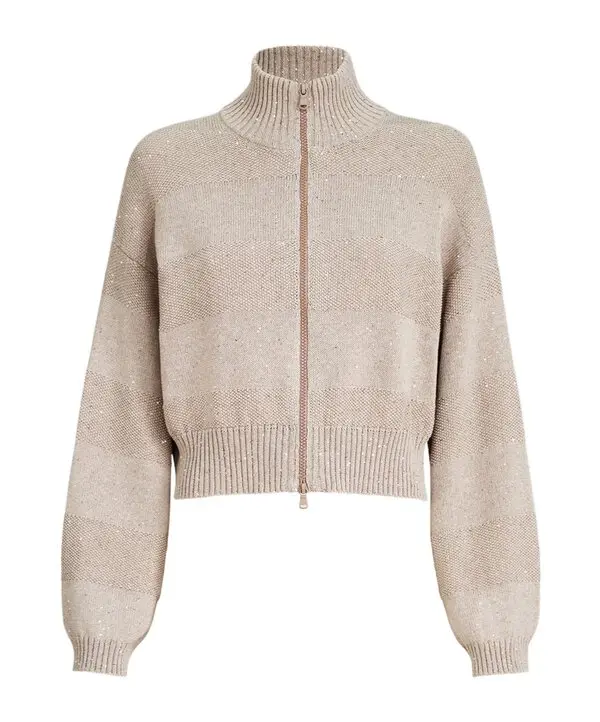 Brunello Cucinelli High-neck Zip-up Cardigan With Textured Stripes - Desert