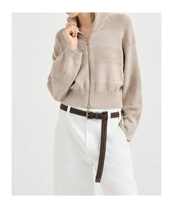 Brunello Cucinelli High-neck Zip-up Cardigan With Textured Stripes - Desert