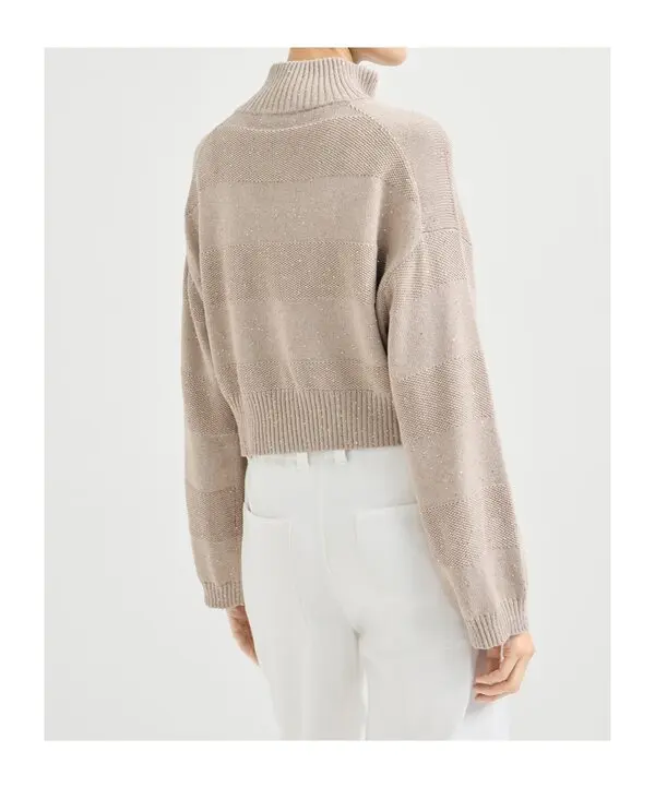 Brunello Cucinelli High-neck Zip-up Cardigan With Textured Stripes - Desert