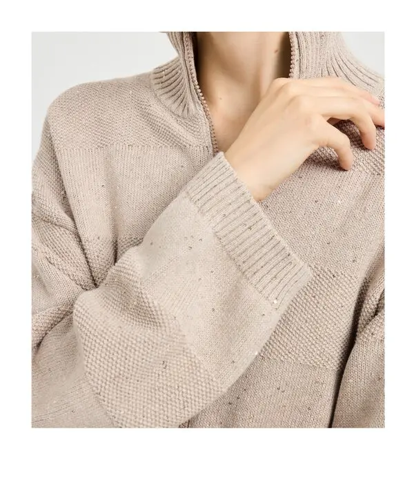 Brunello Cucinelli High-neck Zip-up Cardigan With Textured Stripes - Desert