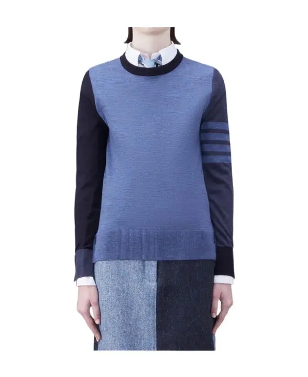 Thom Browne Crew Neck Fine-knit Jumper With Signature Striping - Blue