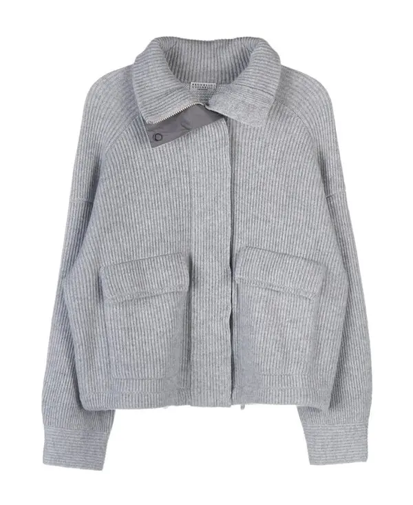 Brunello Cucinelli Ribbed Knit Lapel Cardigan With Pockets - Gray