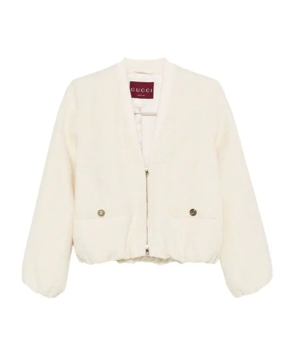 Gucci Check Tweed Jacket With Interlocking G Button - Ivory