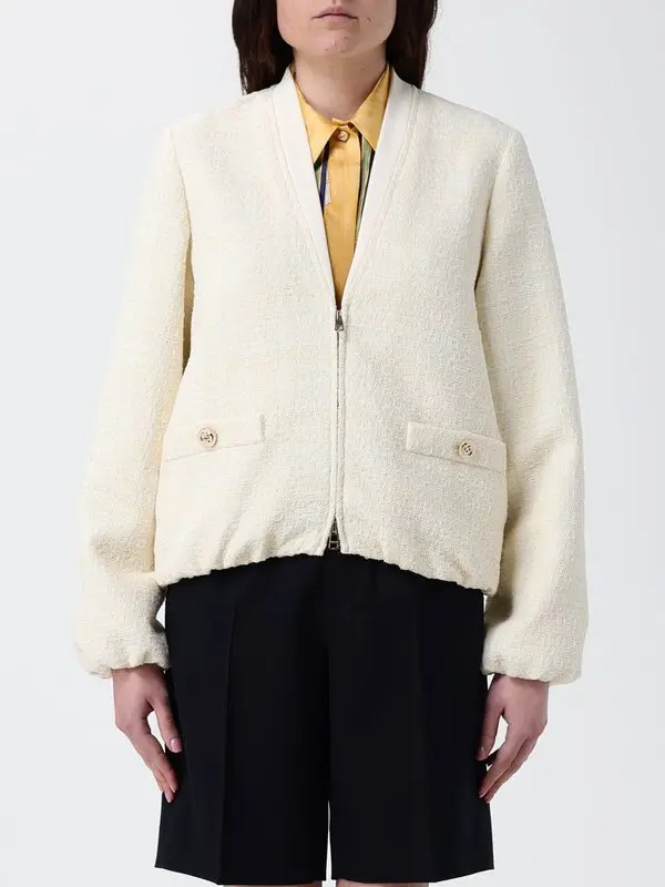 Gucci Check Tweed Jacket With Interlocking G Button - Ivory