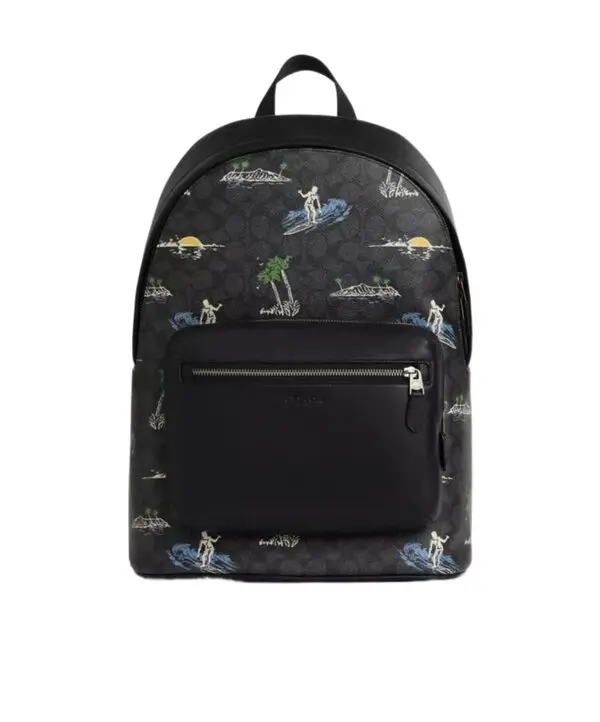 COACH West Backpack In Signature Canvas With Surf Print - Iconic Canvas/bronze/charcoal Gray