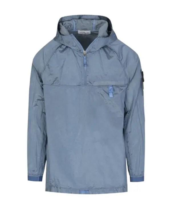 Stone Island Logo Detail Zip Up Hooded Jacket - Powder Blue