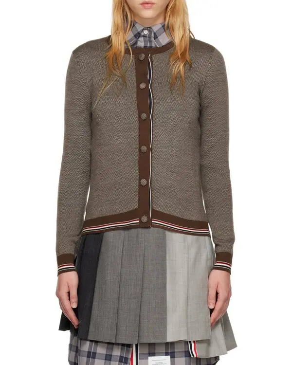 Thom Browne Crew Neck Wool Cardigan With Tricolor Trim - Brown