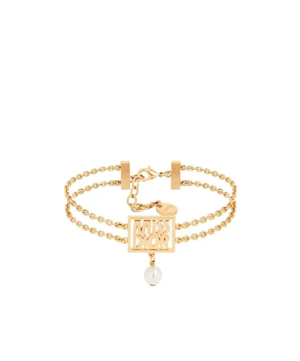 Dior Double Chain Logo Plaque Bracelet With Pearl - Golden
