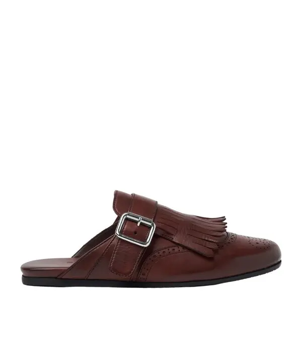 SCAROSSO Gemma Fringed Mule Flat Shoes - Cognac