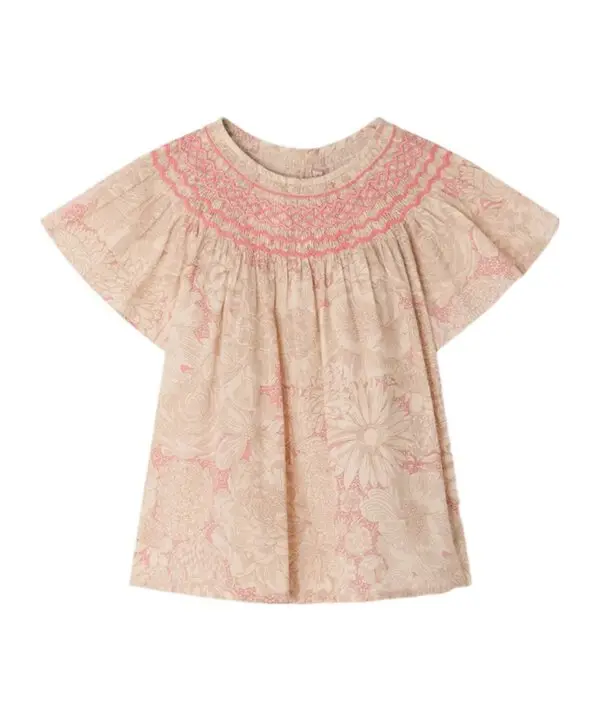 Bonpoint Round Neck Short Sleeve Smocked Top