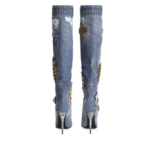 Dolce & Gabbana Embellished Denim Knee-high Boots