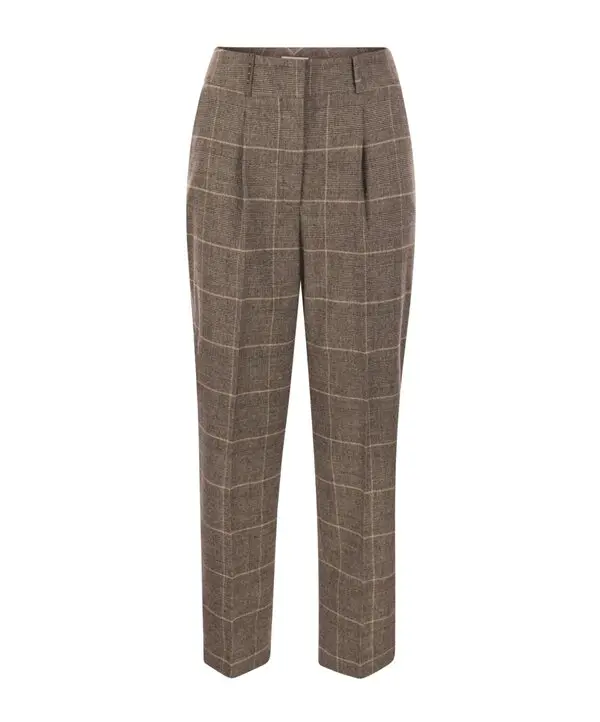 Peserico High Waist Wide Fit Flannel Checkered Trousers