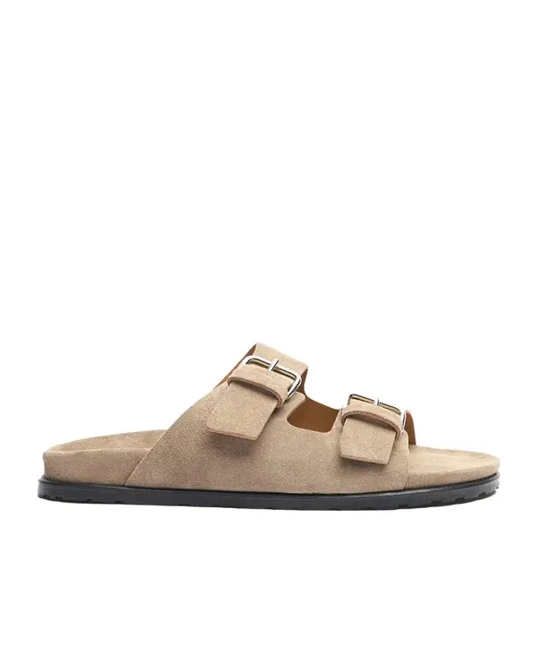 SCAROSSO Enea Buckled Suede Slip-on Sandals - Beige