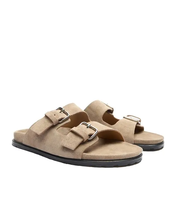 SCAROSSO Enea Buckled Suede Slip-on Sandals - Beige