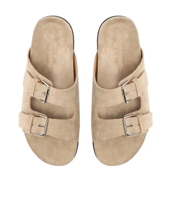 SCAROSSO Enea Buckled Suede Slip-on Sandals - Beige