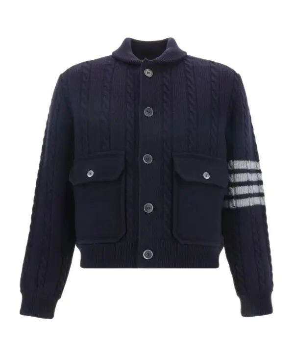 Thom Browne 4-bar Stripe Cable-knit Bomber Jacket - Navy