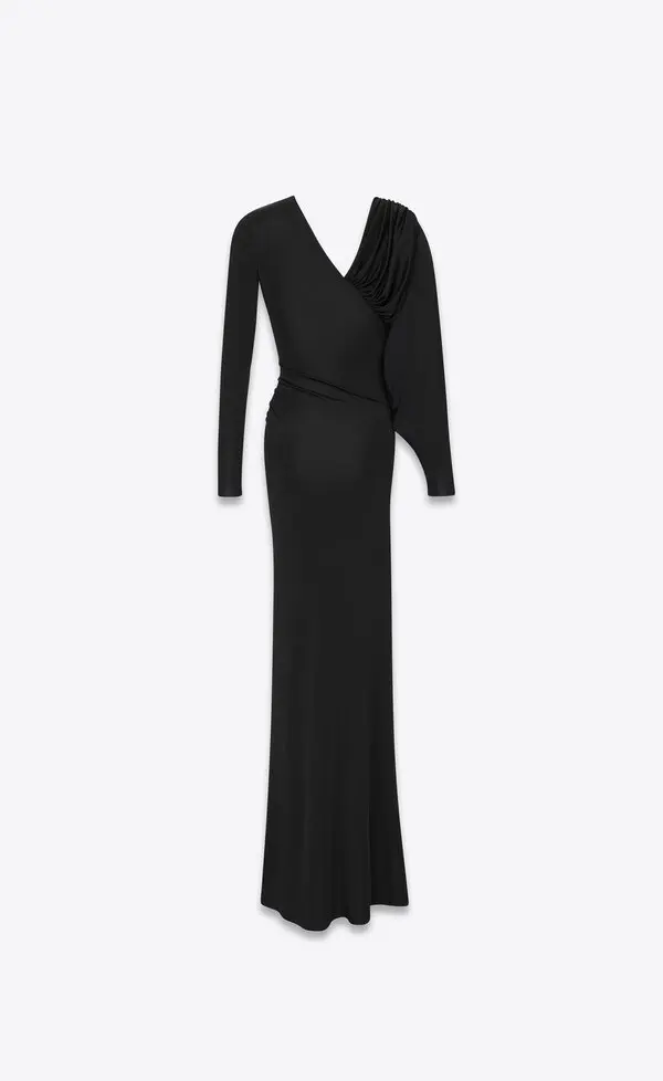 Saint Laurent Long-sleeved V-neck Dress With Asymmetrical Draping