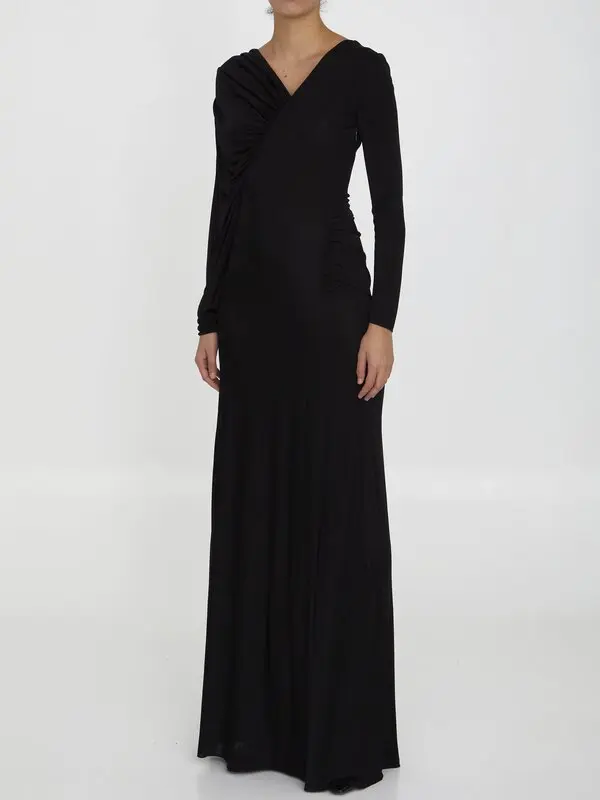 Saint Laurent Long-sleeved V-neck Dress With Asymmetrical Draping