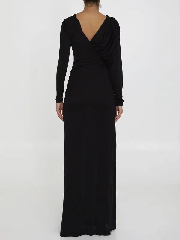 Saint Laurent Long-sleeved V-neck Dress With Asymmetrical Draping