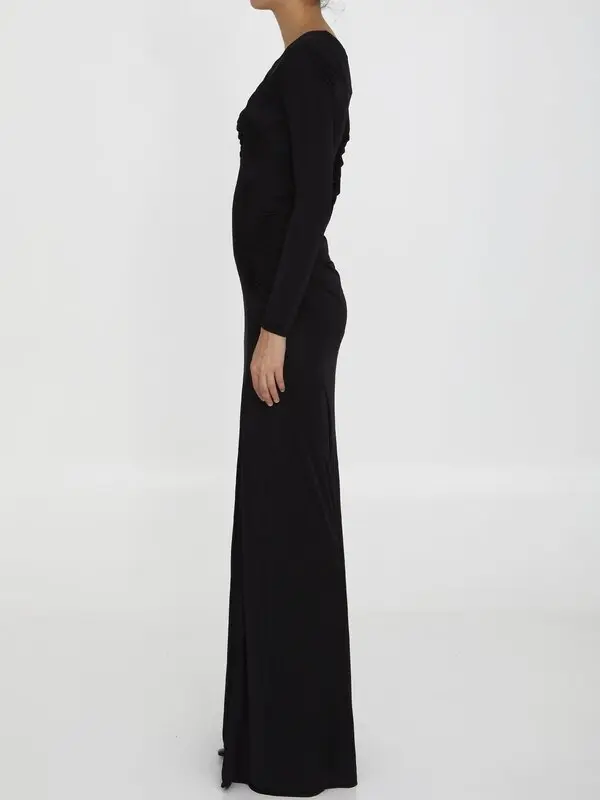 Saint Laurent Long-sleeved V-neck Dress With Asymmetrical Draping