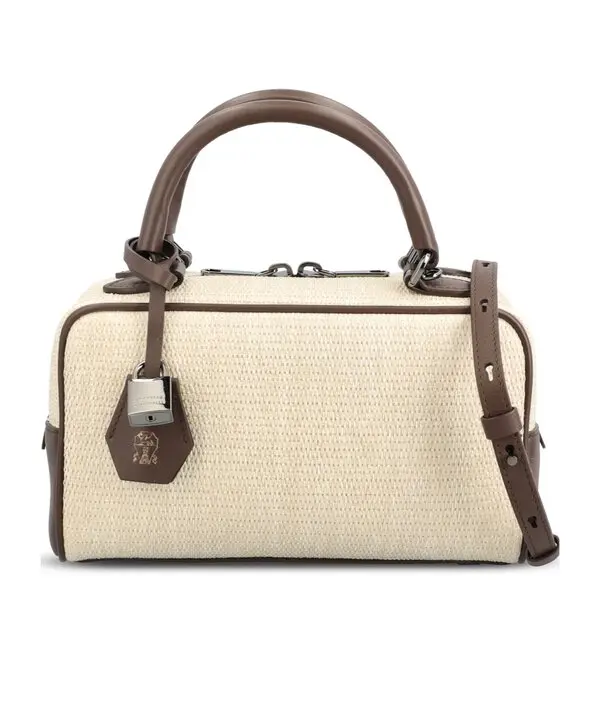 Brunello Cucinelli Structured Raffia Shoulder Bag With Padlock Detail - Beige