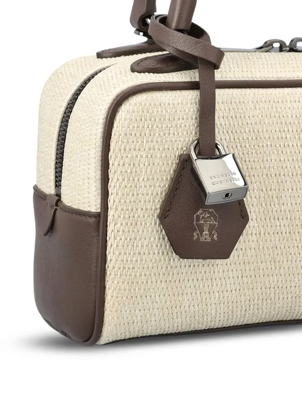 Brunello Cucinelli Structured Raffia Shoulder Bag With Padlock Detail - Beige