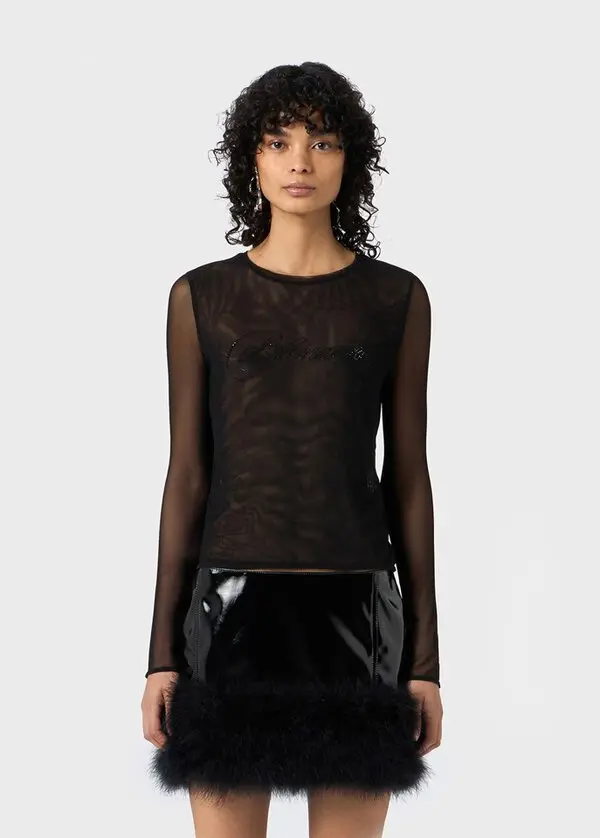 Blumarine Rhinestone Logo Sheer T-shirt