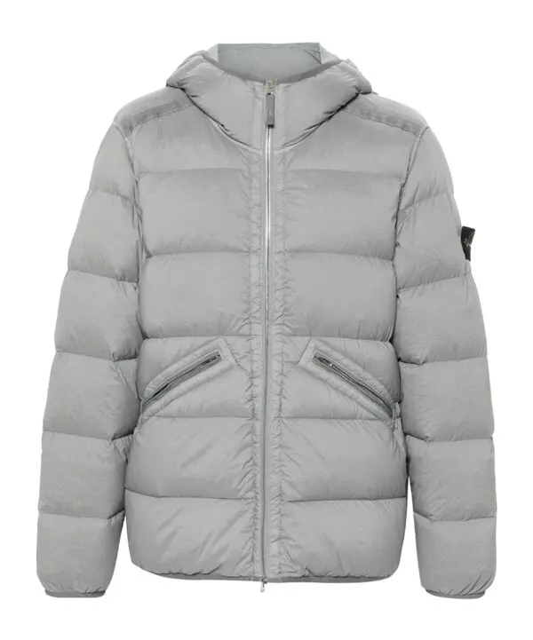 Stone Island Hooded Puffer Jacket With Zip Closure - Green Gray