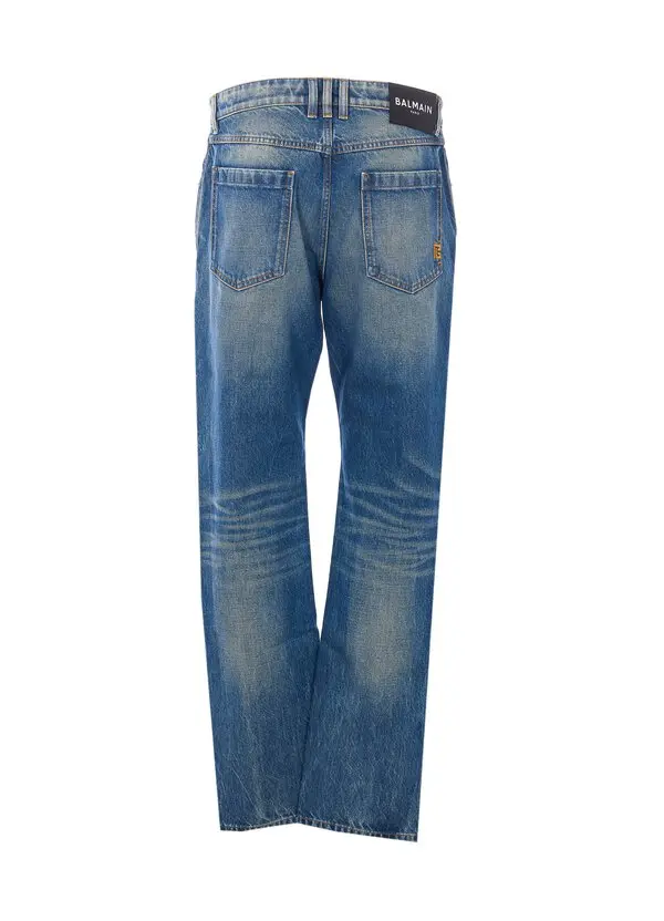 Balmain Logo Patch Straight Leg Jeans - Blue