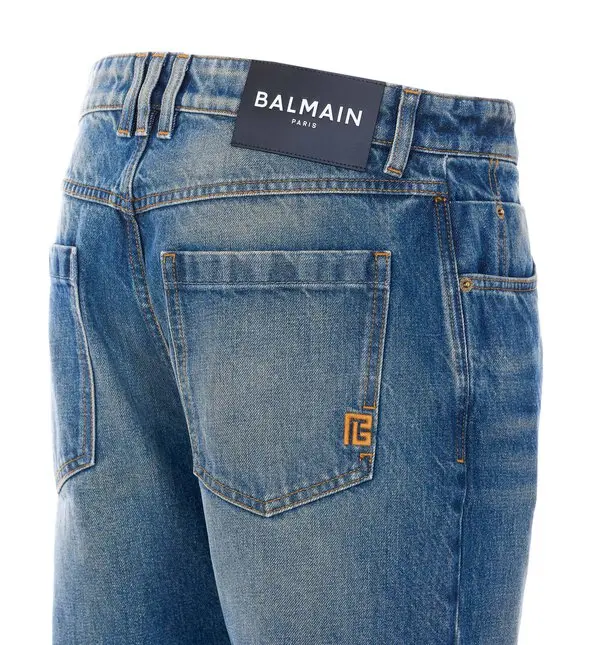 Balmain Logo Patch Straight Leg Jeans - Blue