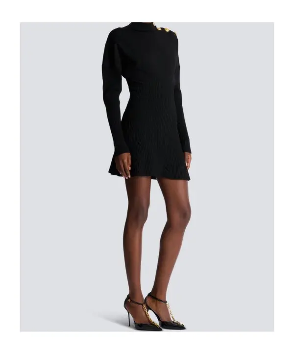 Balmain Knit Flared Dress With Lion Head Buttons