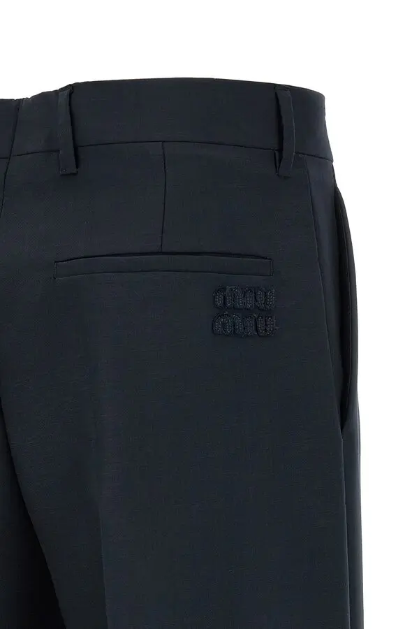 Miu Miu Tailored Trousers With Embroidered Logo - Navy