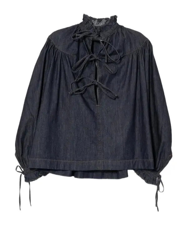 Dries Van Noten Denim Tie-neck Ruffled Shirt